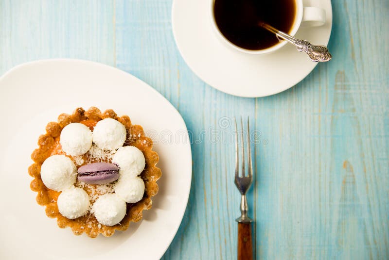 Cake with Cream and Cup on the Table Stock Photo - Image of coffee ...