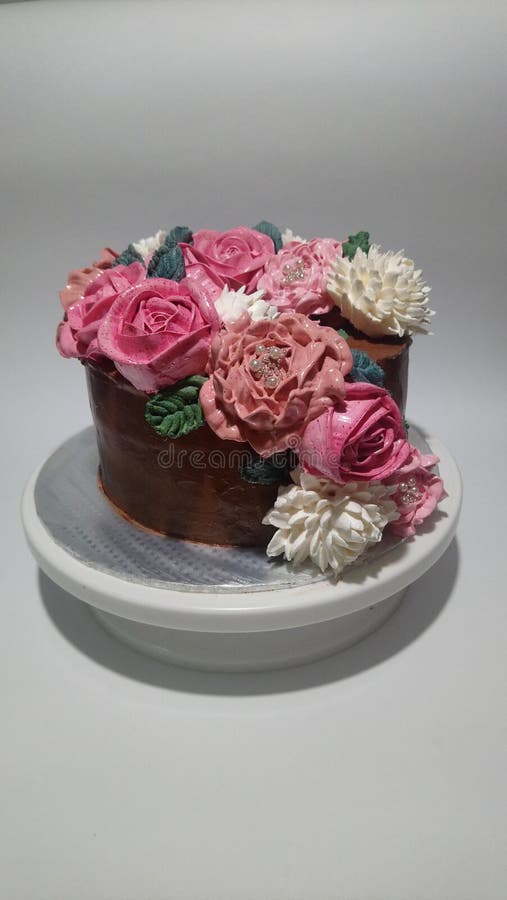 Cake with Cream Flowers on a White Background Stock Image - Image of ...