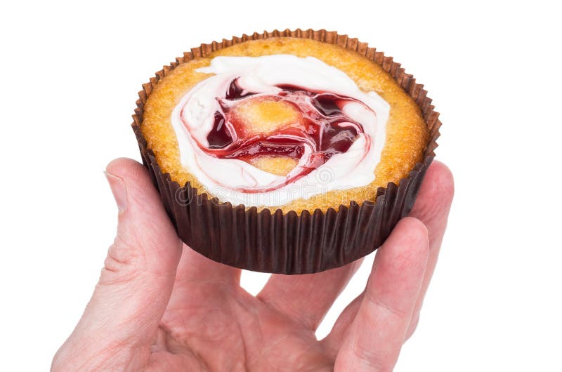 Cake with Cream in Male Hand Isolated on White Stock Image - Image of ...