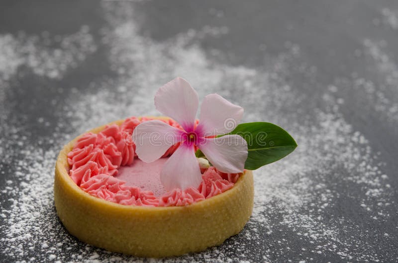 Cake with Cream and White Flower on a Black Surface, Sprinkled with ...