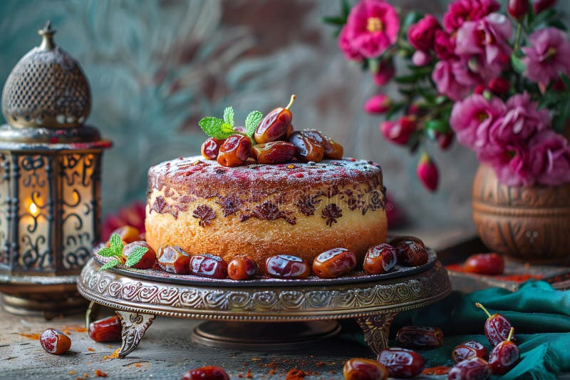 A Cake with Dates and an Arabic Lantern on the Table Stock Illustration ...