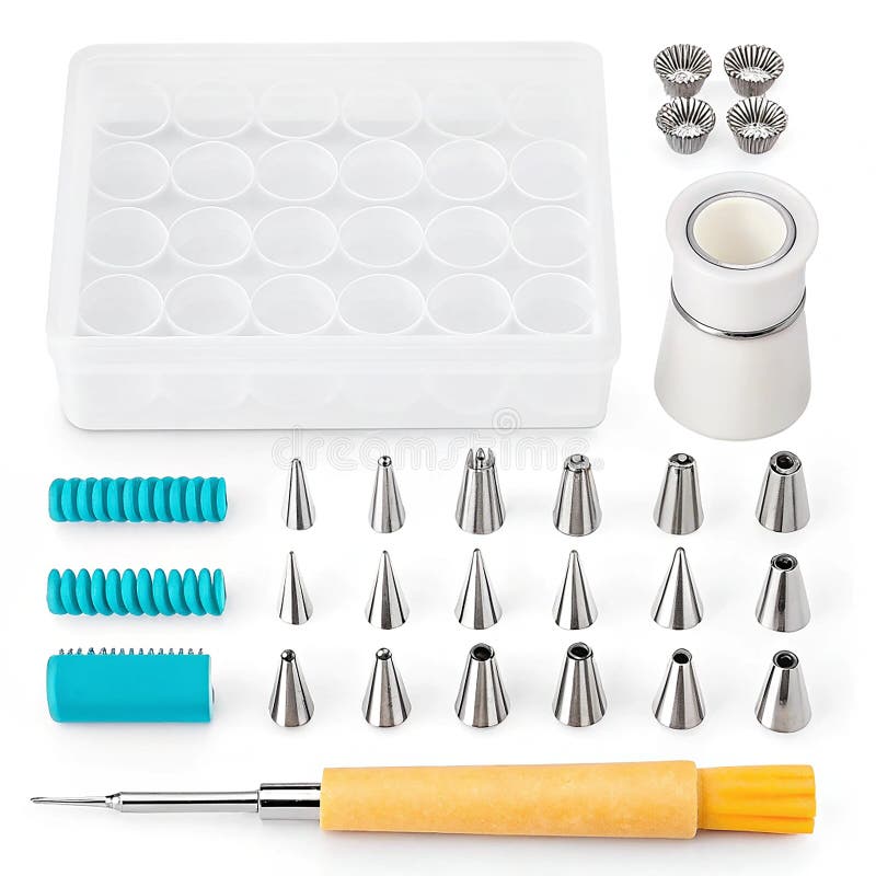 Cake Decorating Tools Set with Different Tips on White Background Stock ...