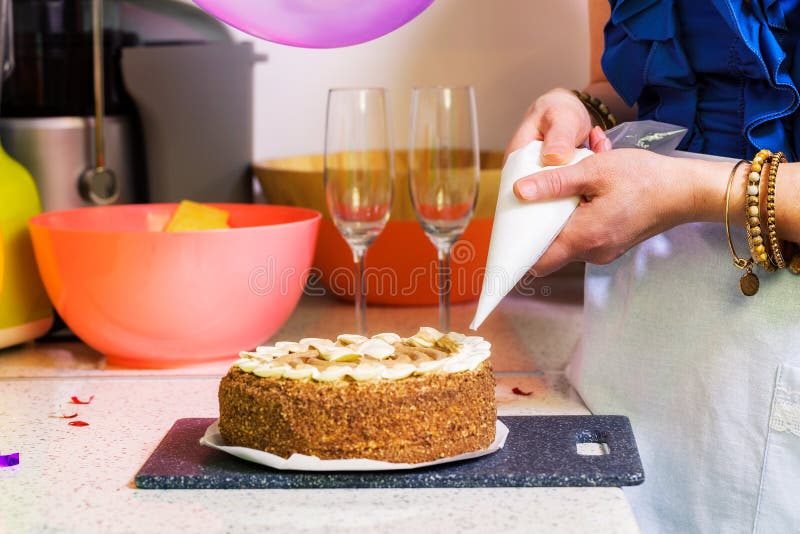 Cake Decoration with Culinary Syringe Stock Image - Image of female ...