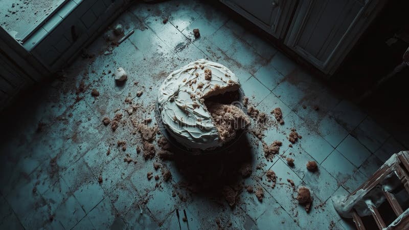 Cake Disaster in an Abandoned Kitchen with Crumbs Scattered Everywhere ...