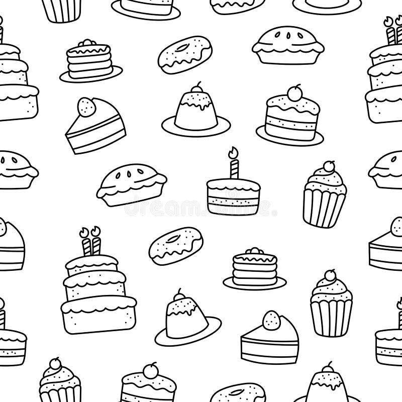 Cake Doodle Seamless Pattern with Black and White Color Stock Vector ...