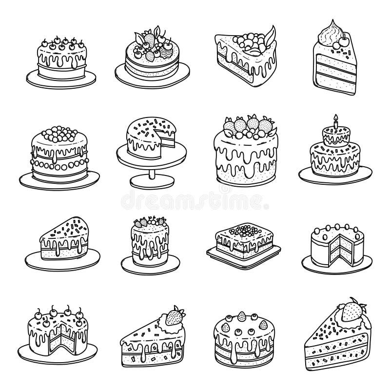 Cake Doodle Vector Icon Set. Drawing Sketch Illustration Hand Drawn ...