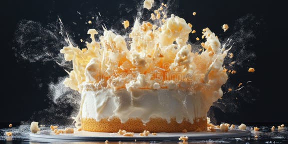 Cake Explodes with Popcorn and Cream, Creating an Artistic Dessert ...