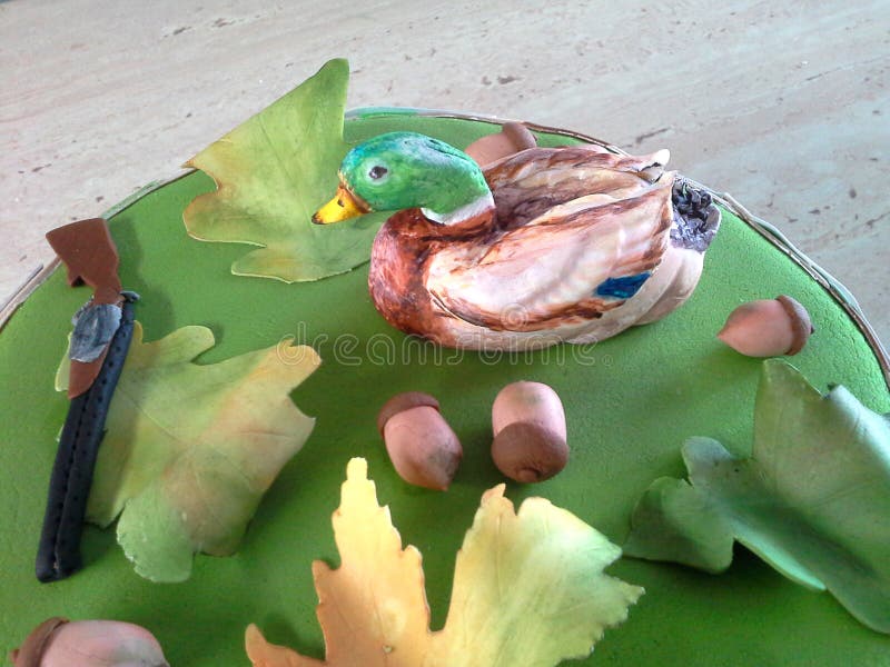 Cake Fondant for Hunter with Sugar Leaves and Sugar Duck Stock Image ...