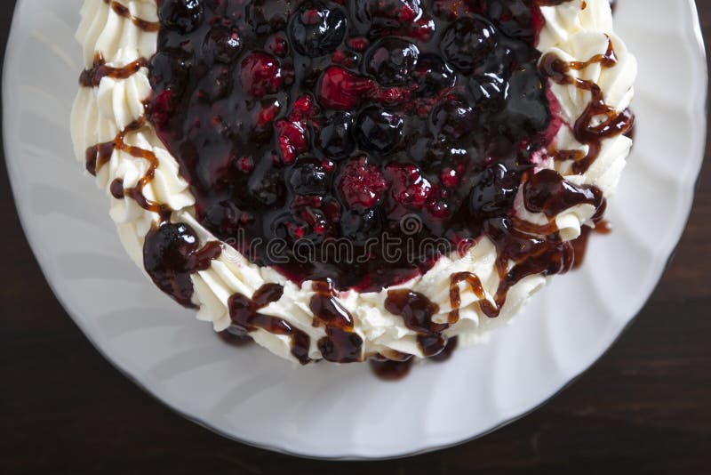 Cake with Fresh Berries and Cream, Closeup. Stock Image - Image of ...