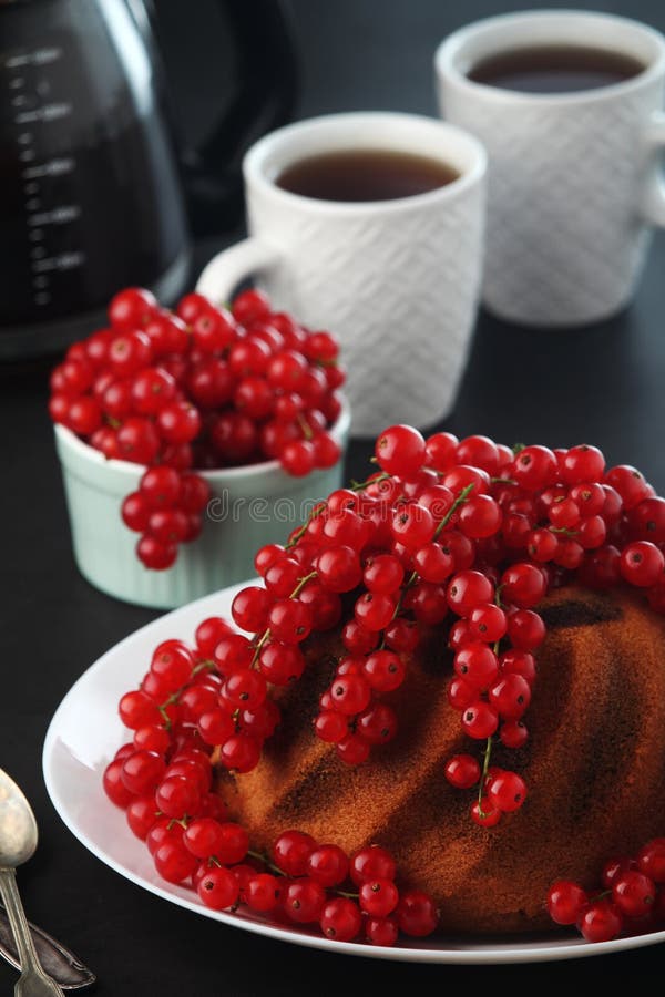 A Cake with Fresh Red Currant and Tea Stock Photo - Image of sweet ...