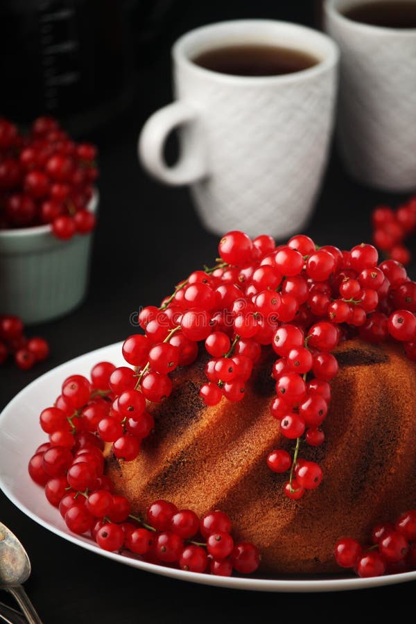 A Cake with Fresh Red Currant and Tea Stock Photo - Image of black ...