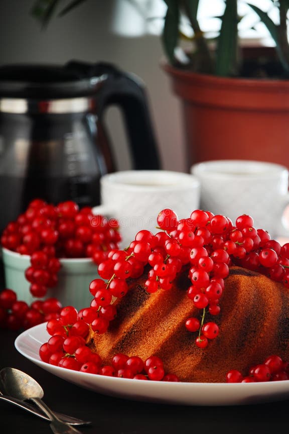 A Cake with Fresh Red Currant and Tea Stock Photo - Image of summer ...
