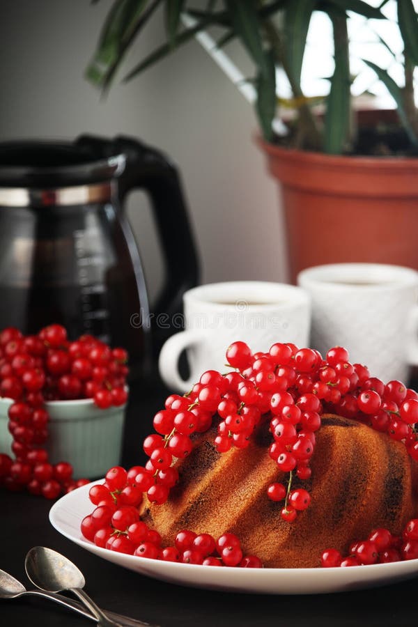 A Cake with Fresh Red Currant and Tea Stock Image - Image of plate ...