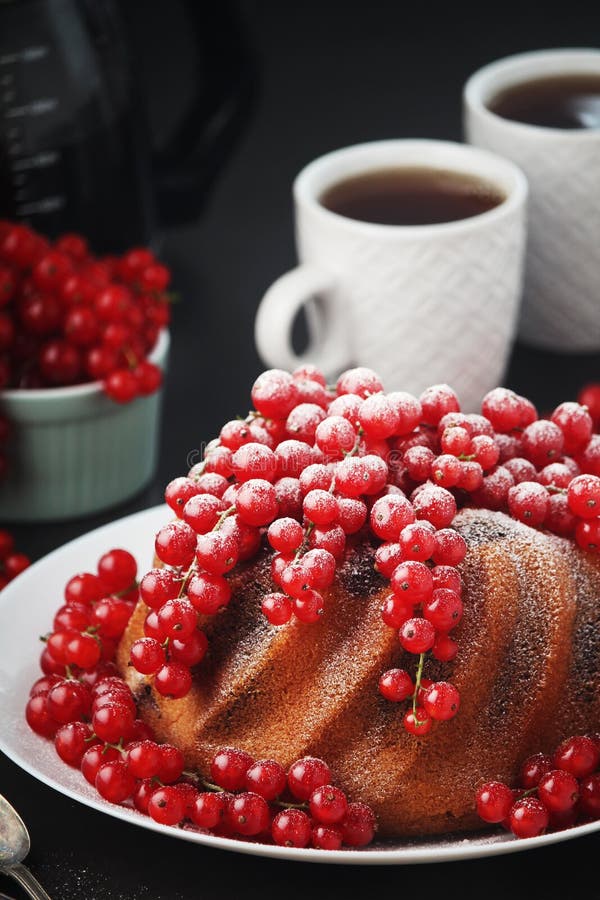 A Cake with Fresh Red Currant and Tea Stock Photo - Image of dish ...