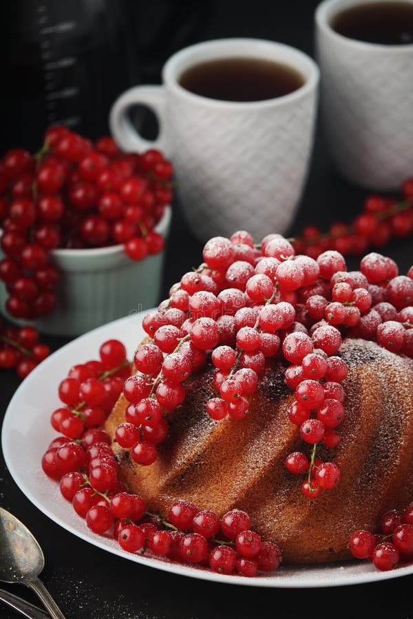 A Cake with Fresh Red Currant and Tea Stock Photo - Image of sweet ...