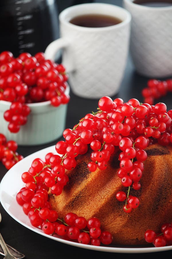 A Cake with Fresh Red Currant and Tea Stock Image - Image of sugar ...