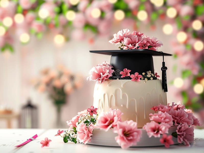 Cake with Graduation Hat and Flowers on White Background Stock ...