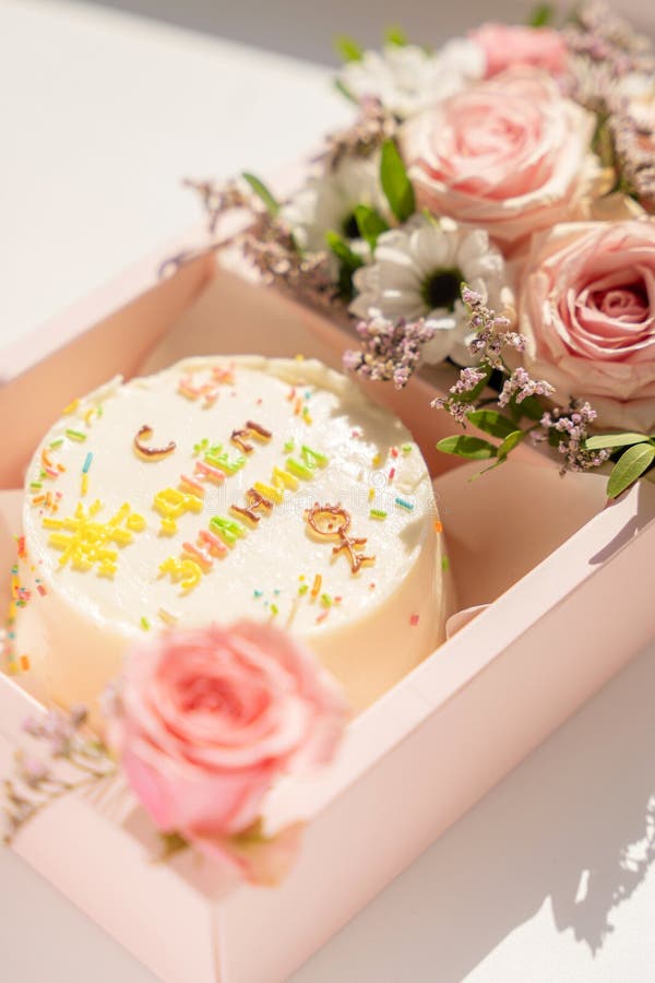 Cake with an Inscription with Blooming Roses in Pink Gift Box Stock ...