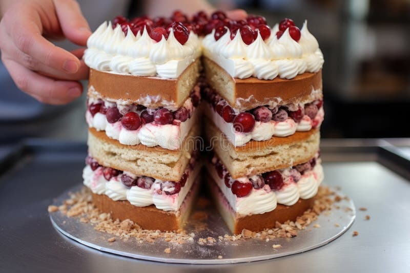 Cake Layers with Cream and Cherries Being Assembled Stock Illustration ...