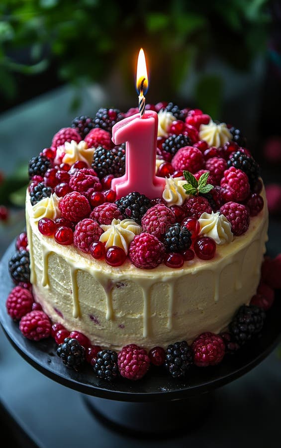 A Cake with a Lit Candle on Top and Berries on the Sides Stock Image ...