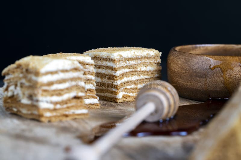 Cake Made of Thin Honey Cakes and a Thin Creamy Layer Stock Image ...