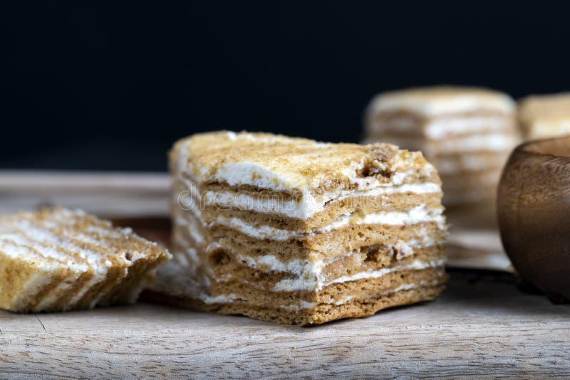 Cake Made of Thin Honey Cakes and a Thin Creamy Layer Stock Image ...