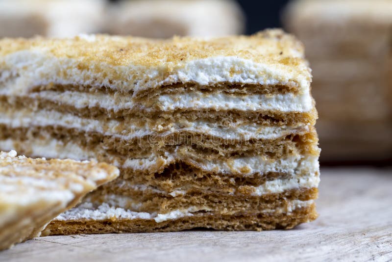 Cake Made of Thin Honey Cakes and a Thin Creamy Layer Stock Photo ...