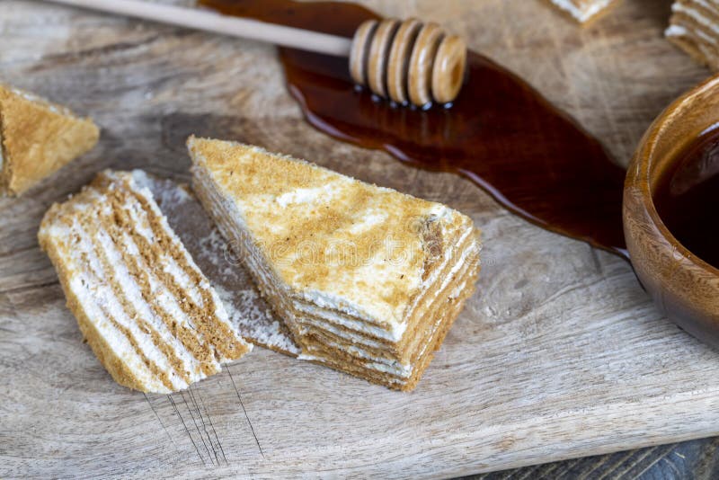 Cake Made of Thin Honey Cakes and a Thin Creamy Layer Stock Image ...