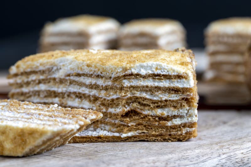 Cake Made of Thin Honey Cakes and a Thin Creamy Layer Stock Image ...