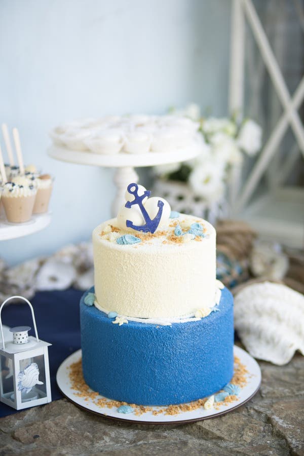 Cake with Maritime Decor. Blue and White Cake Stock Photo - Image of ...