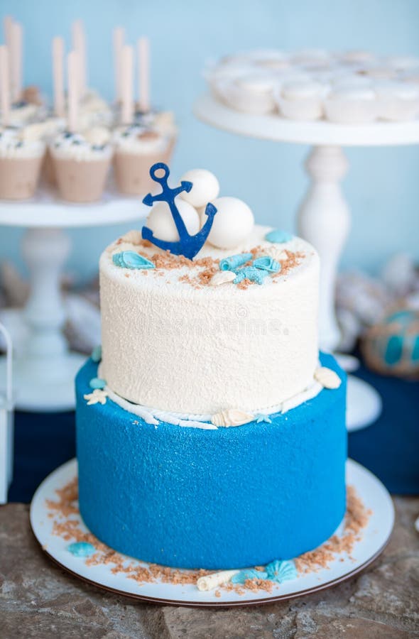 Cake with Maritime Decor. Blue and White Cake Stock Image - Image of ship, ornate: 307470209