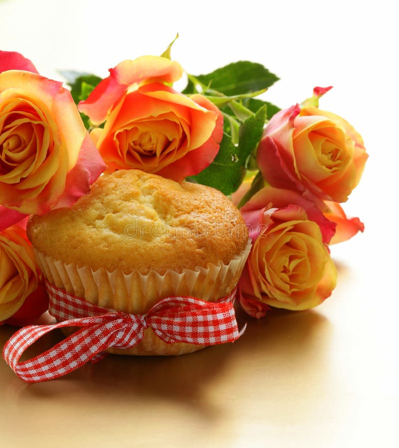 Cake Muffin with a Bouquet of Roses Stock Image - Image of gourmet ...
