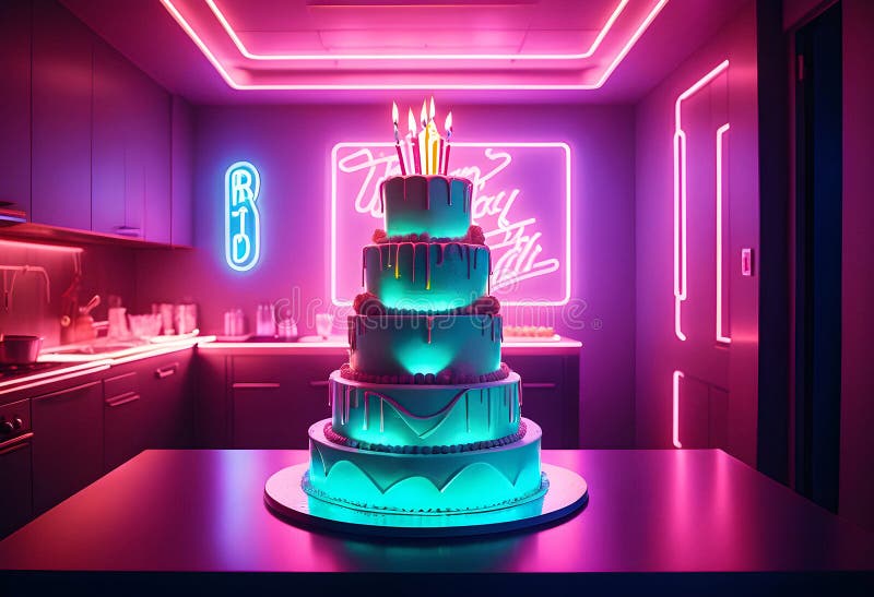 A Cake with Neon Lights on it in a Kitchen Stock Illustration ...