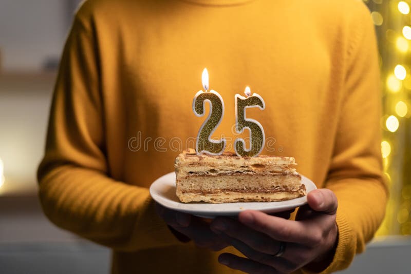 Cake with the Number 25 Lighted Candles in Men Hands. 25th Birthday ...