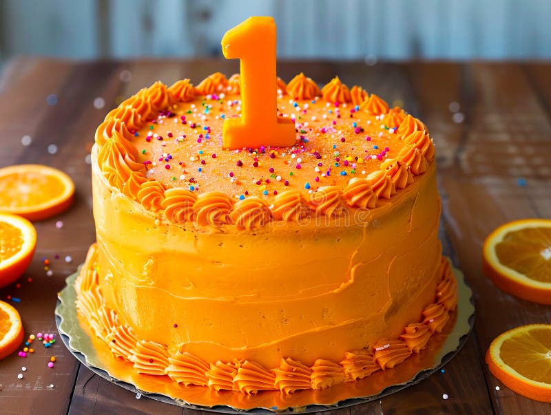 A Cake with an Orange Number One on Top Stock Photo - Image of pastry ...