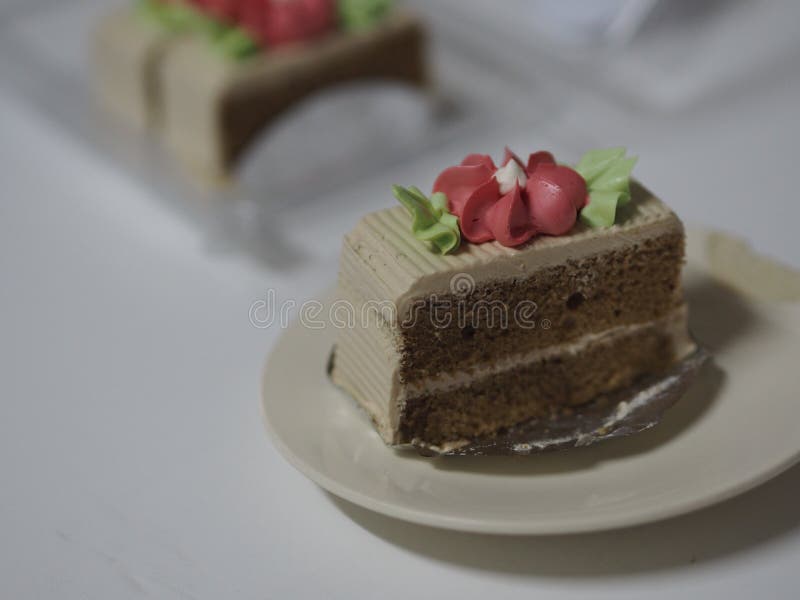 Cake Piece Coffee with Whipped Cream on White Plate Stock Photo - Image ...