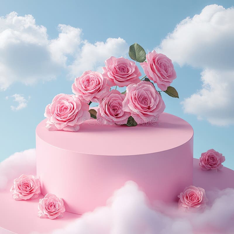Cake with Pink Roses on Blue Sky Background. 3D Rendering Stock ...