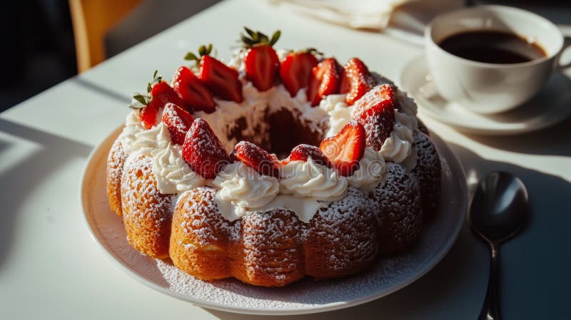 Cake is Placed on the White Table, with a Cup of Coffee Stock Photo - Image of fresh, croissant ...