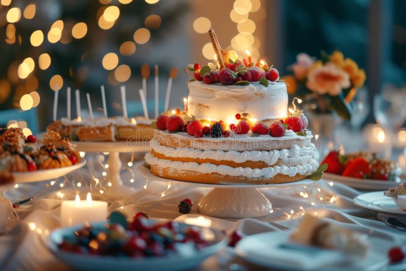 Cake and Plenty of Food on Table Stock Illustration - Illustration of ...