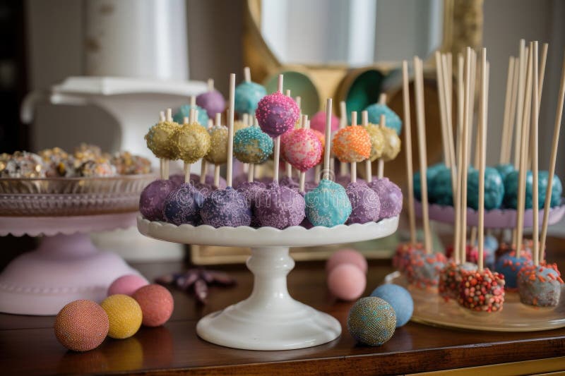 Cake Pop Display on Cake Stand, with Various Pops in Different Colors ...