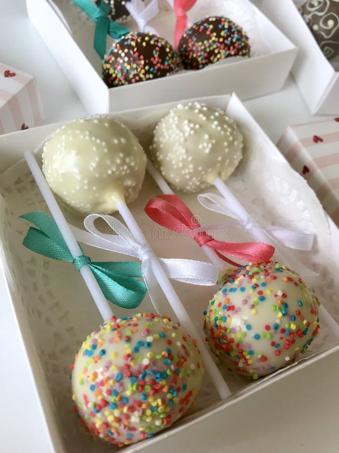 Cake Pops Decorated with a Bow of Braid, Packed in a Gift Box. Next To ...