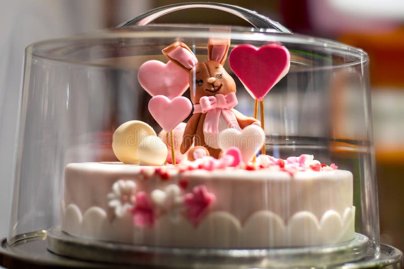 Cake with Rabbit and Pink Hearts in Clear Box on Pastry Shop Window ...