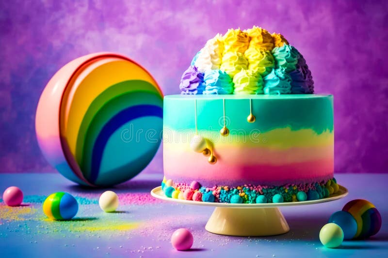 Cake with Rainbow Icing on Table Generative AI Stock Illustration ...