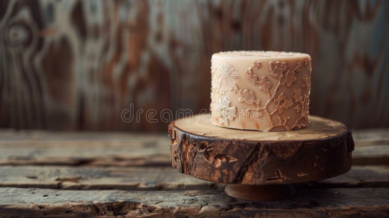 A Cake Sitting on Top of a Wooden Stand with Rustic Wood, AI Stock ...