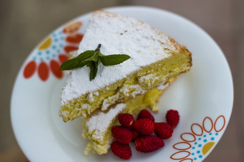 Cake, Sponge Cake with Strawberry and Green Mint Sprinkled with Stock ...