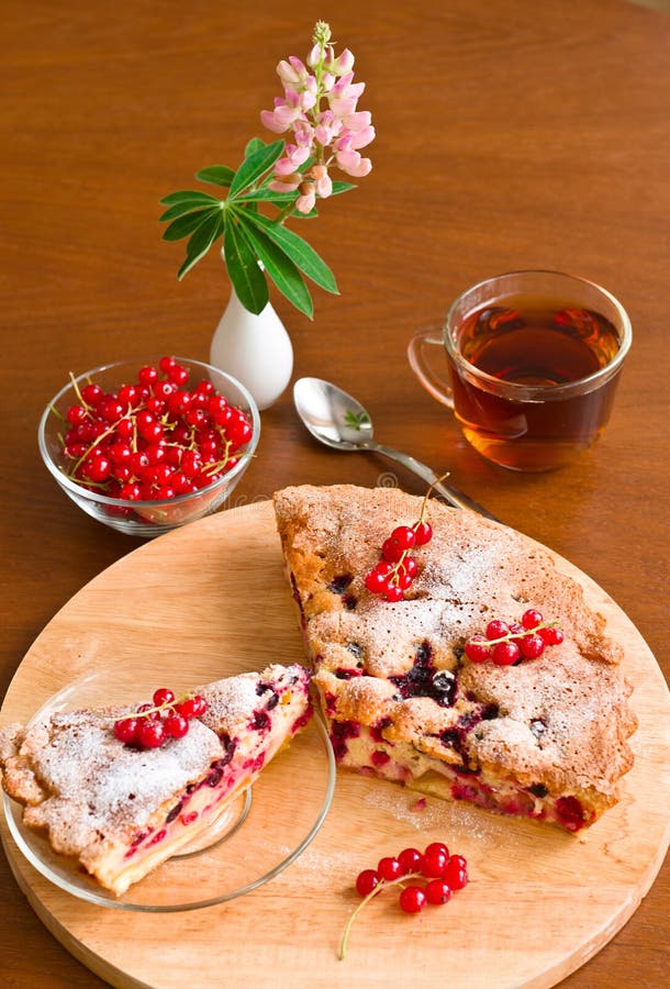 Cake, Tea, Red Currant and Lupine Stock Photo - Image of dessert, lunch ...