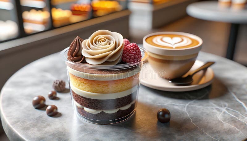 "Cake To Go" Dessert. Mini Individual Cake and Cup of Coffee on Table ...