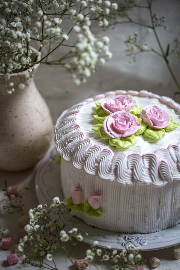 Cake with Whipped Cream and Rose Cream Stock Image - Image of cake ...