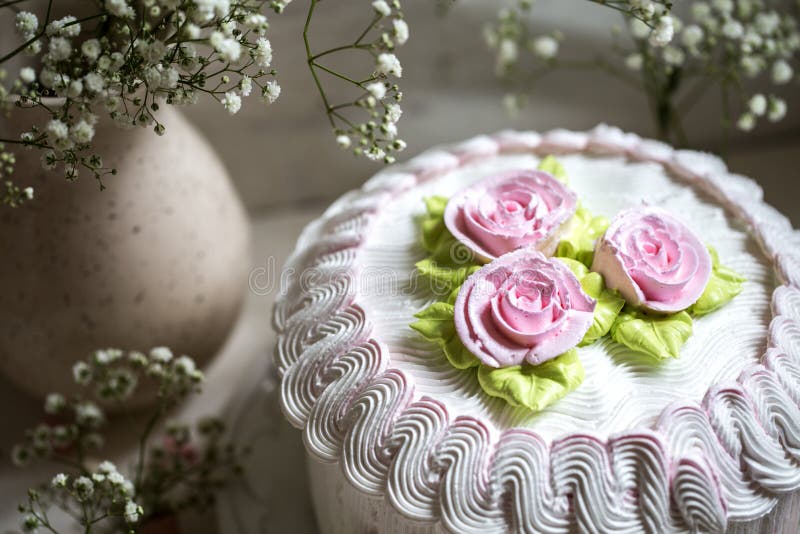 Cake with Whipped Cream and Rose Cream Stock Image - Image of dessert ...