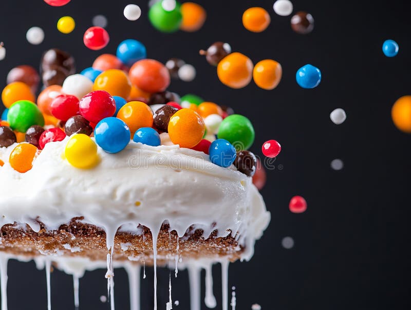 A Cake with White Frosting and Colorful Candies Falling from it Stock ...